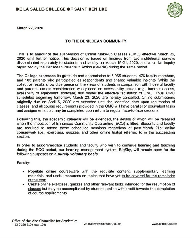 Benilde suspends online classes until further notice, moves deadlines ...