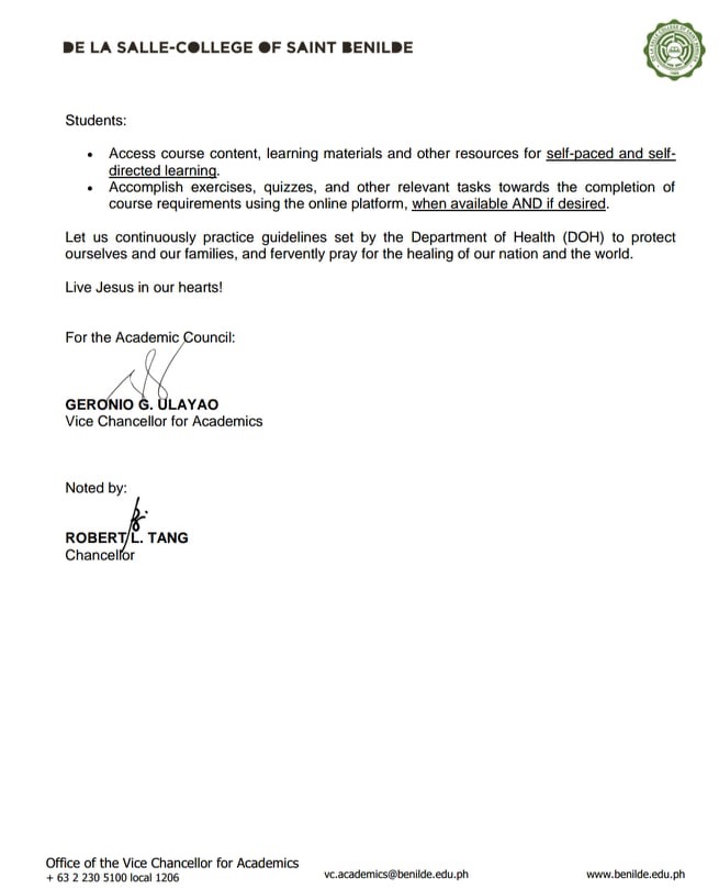 Benilde suspends online classes until further notice, moves deadlines ...